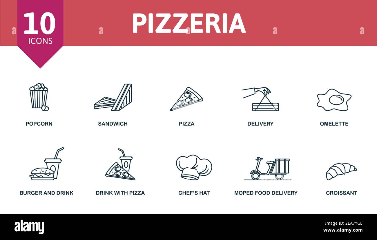 Pizzeria icon set. Collection contain donuts, omelette, popcorn ...