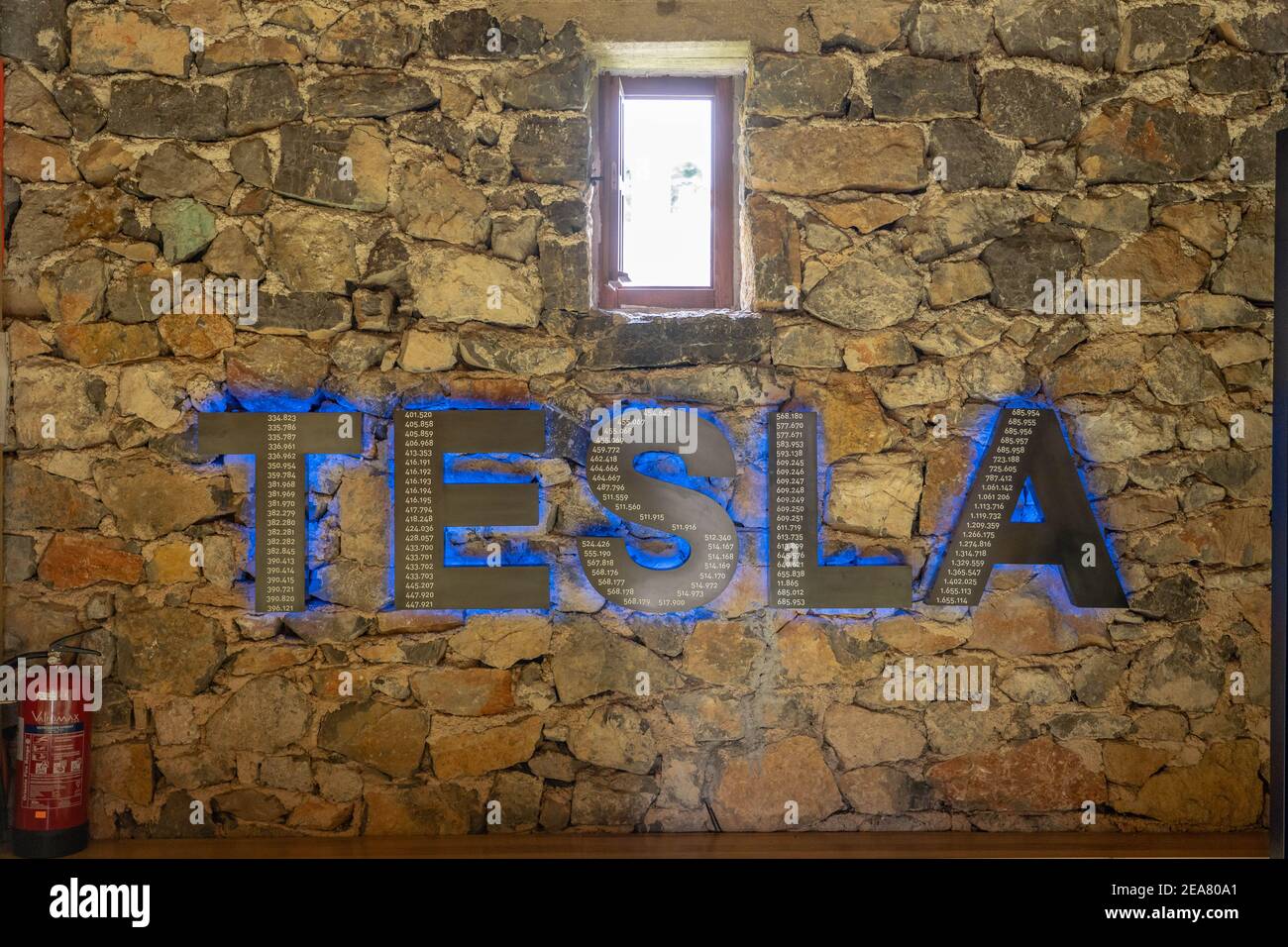 Smiljan, Croatia - Aug 12, 2020: Tesla logo on the wall inside Nikola ...