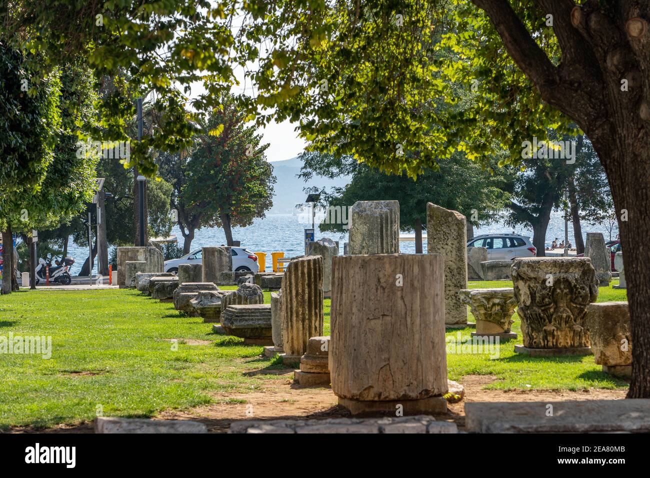Zadar, Croatia - Aug 12, 2020: Ancient roman relic columns at old town ...