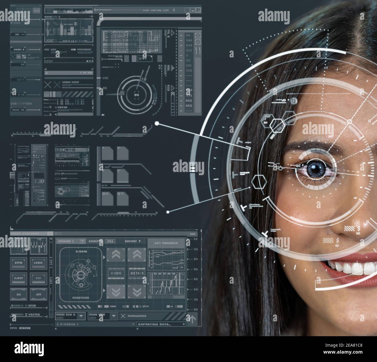 Asian women being futuristic vision, digital technology screen over the ...