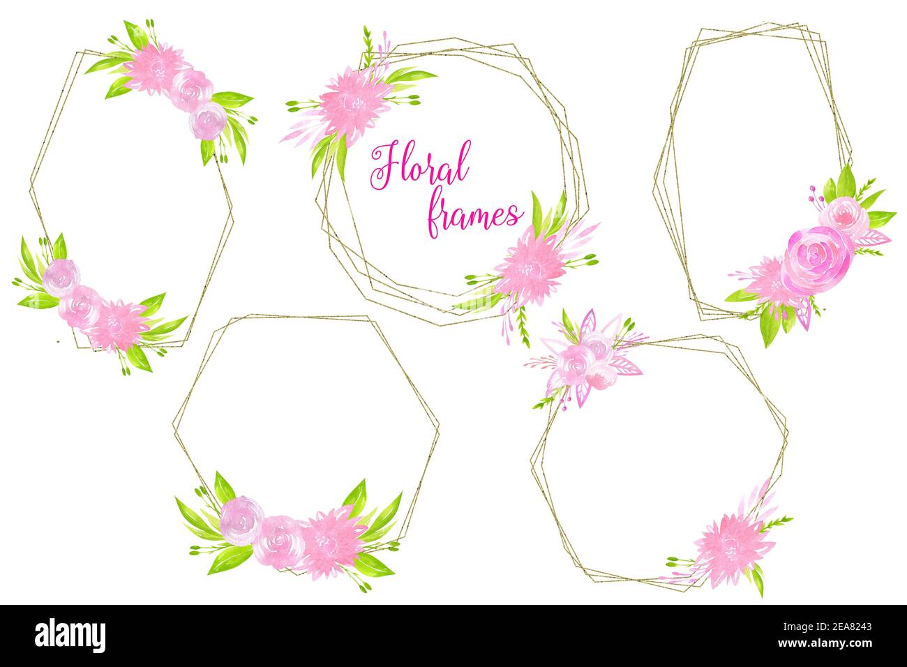 Collection of geometric gold frames with pink flowers. Wedding wreath ...