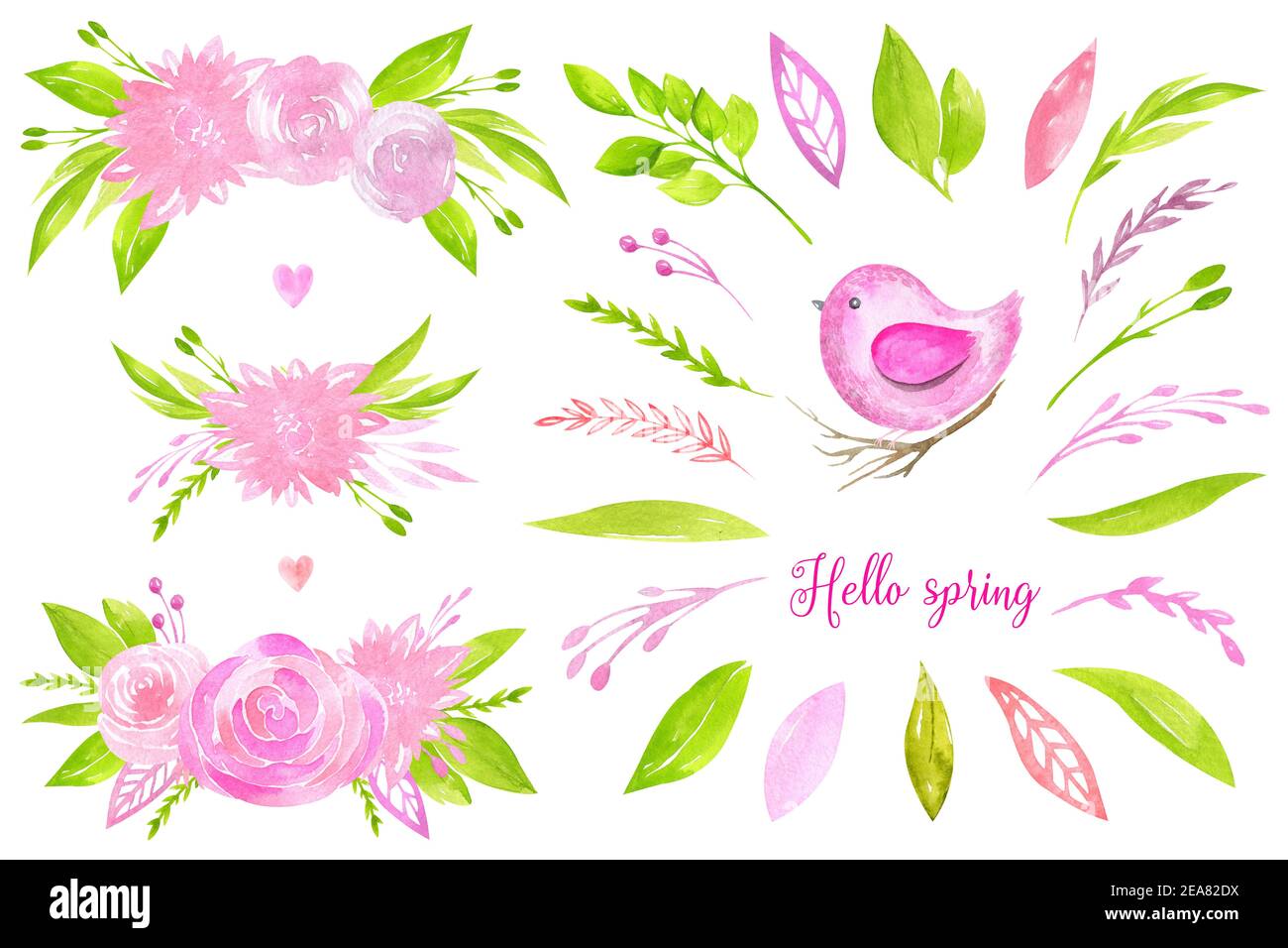 Watercolor Pink Floral Clipart. Hand painted spring rose flower, bird ...
