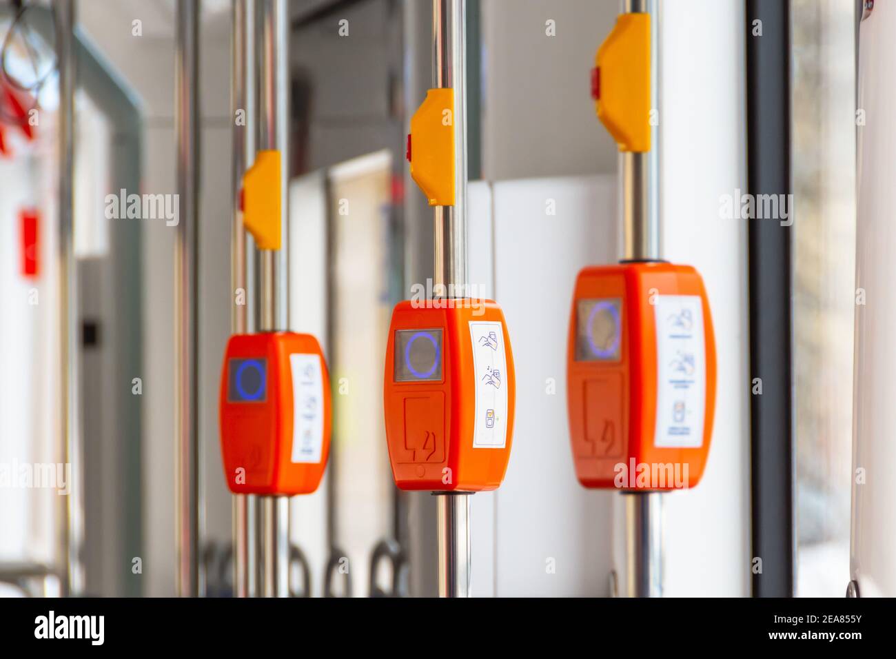 Ticket validator, card reader on public bus, trolleybus, tram. Public ...