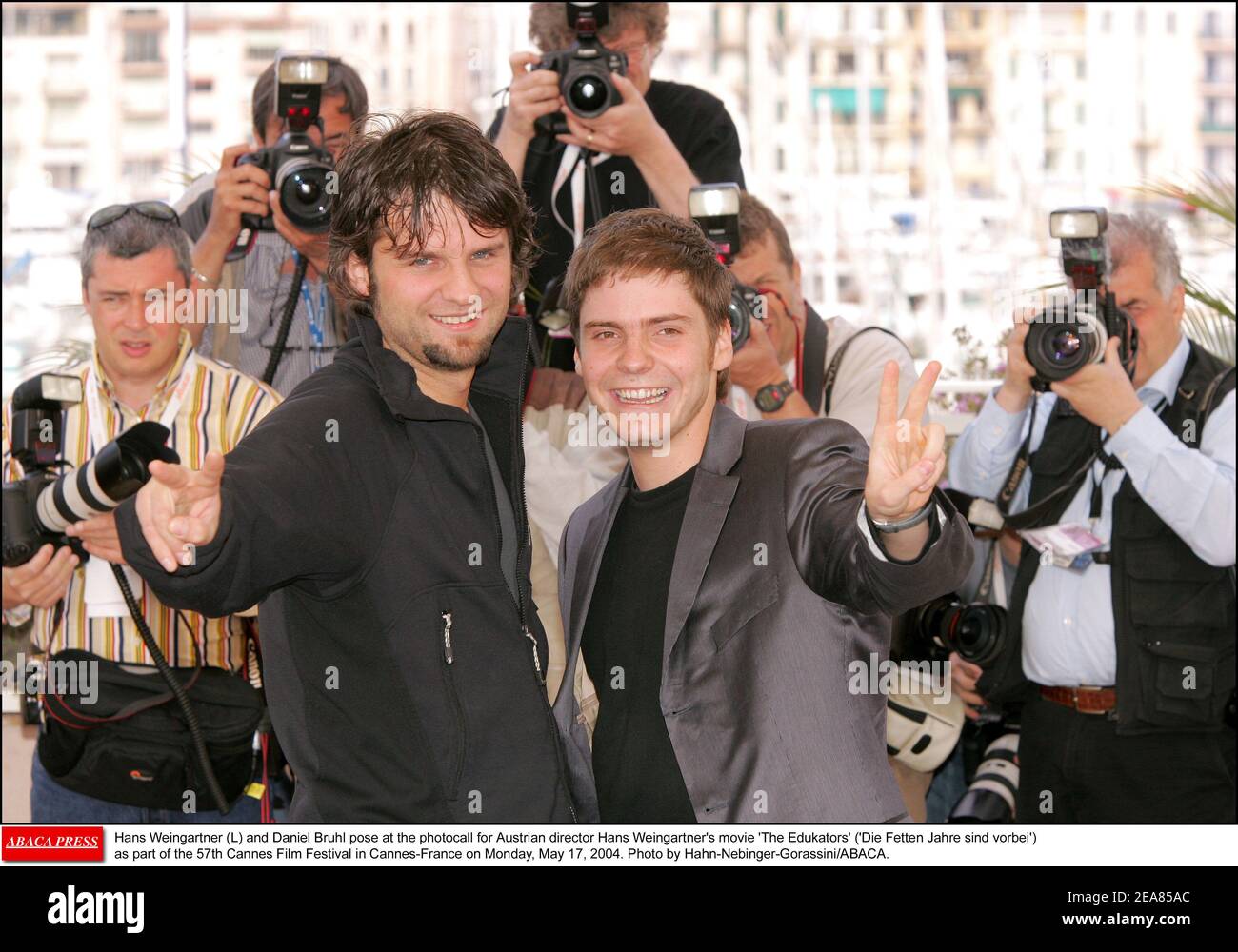 Hans Weingartner (L) and Daniel Bruhl pose at the photocall for ...