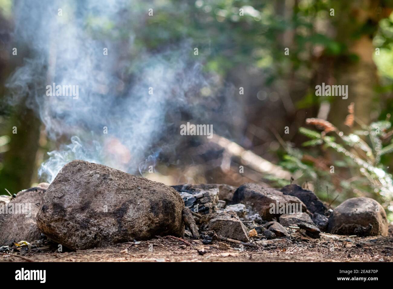 Camp fire burning out and smoking Stock Photo - Alamy