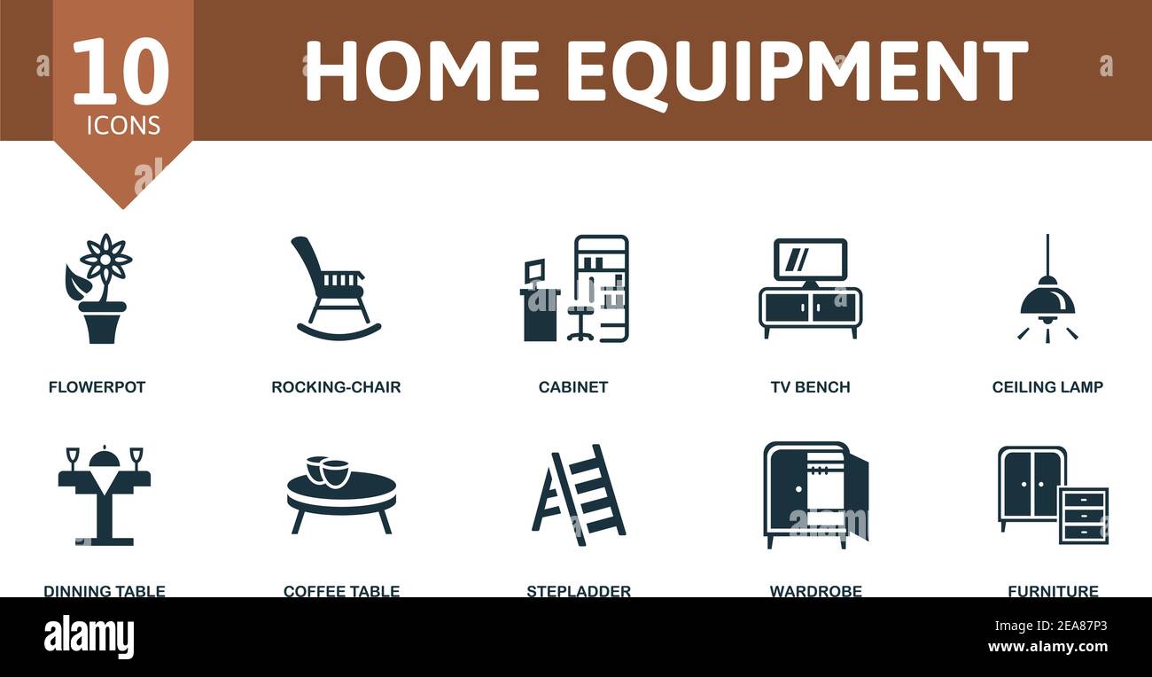 Home Equipment icon set. Collection contain drawer unit, flowerpot ...