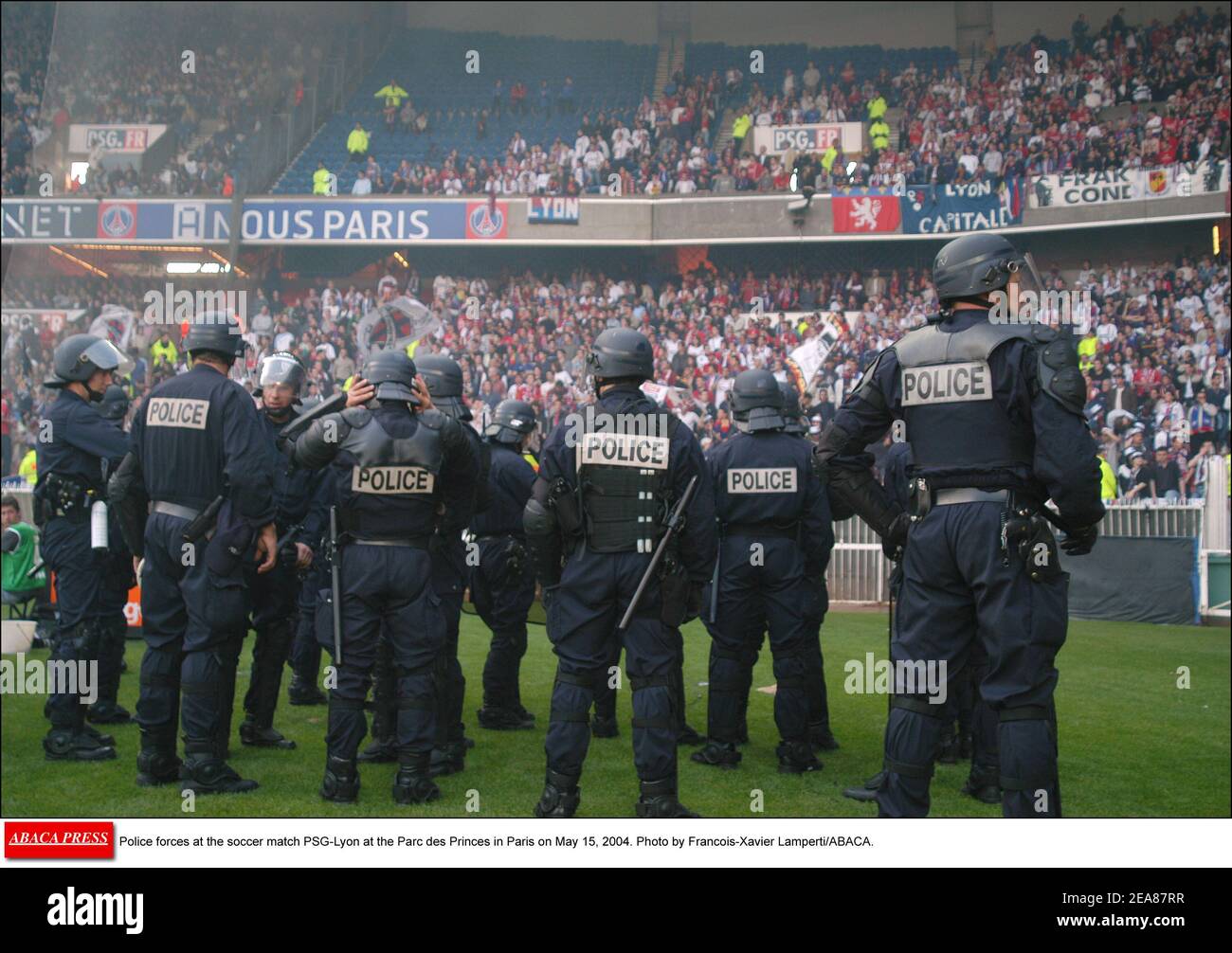 Police forces at the soccer match PSG-Lyon at the Parc des Princes in ...