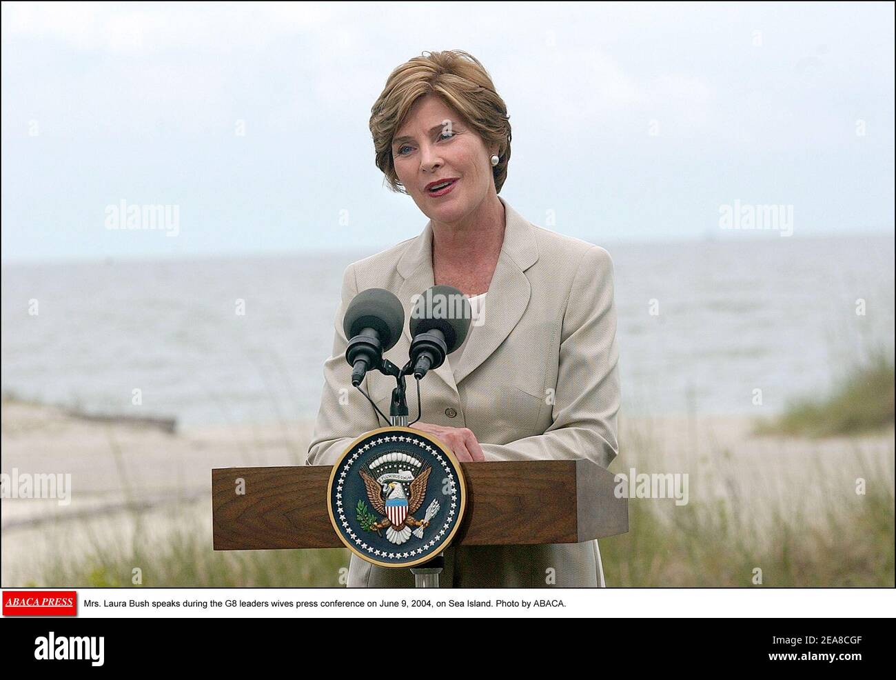Mrs. Laura Bush speaks during the G8 leaders wives press conference on ...