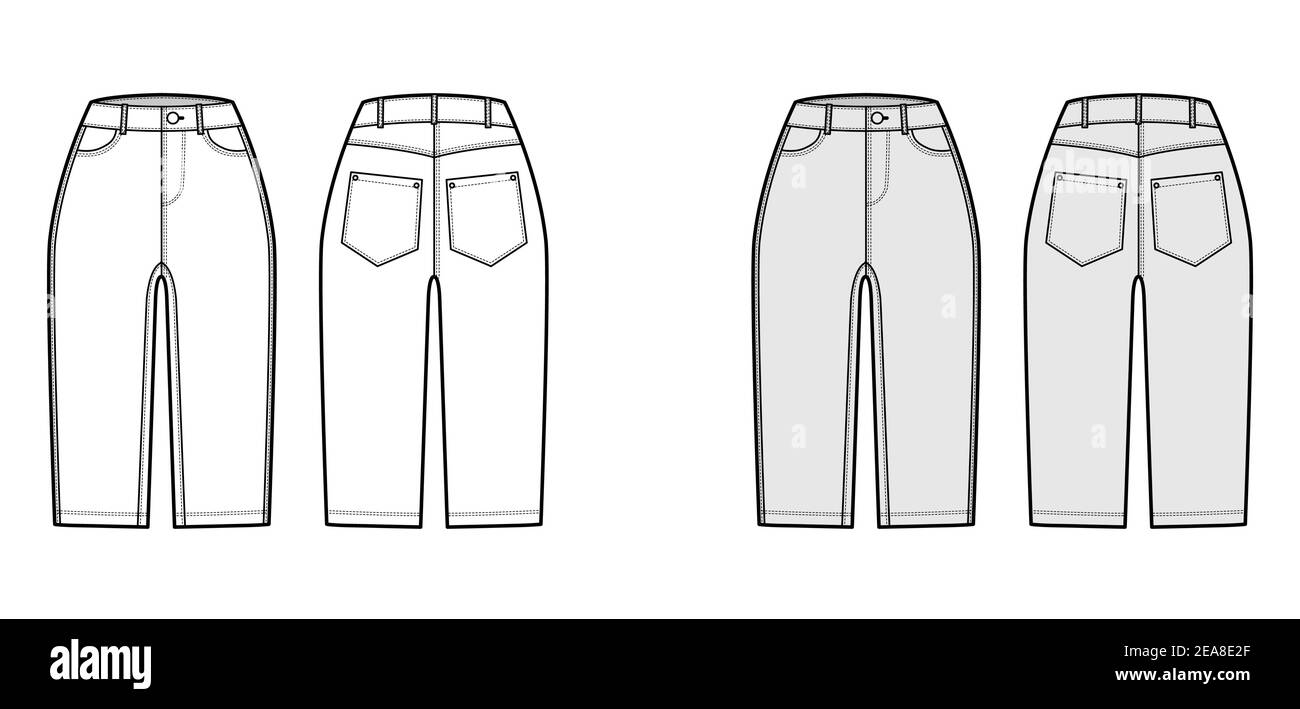 Denim short pants technical fashion illustration with knee length, high ...