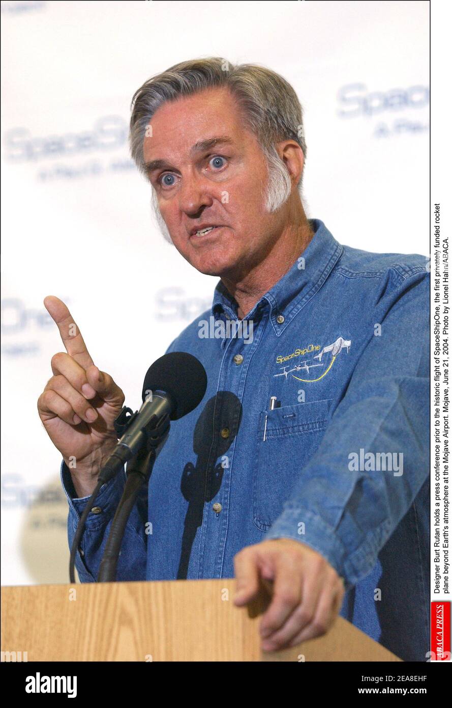 Designer Burt Rutan holds a press conference prior to the historic ...