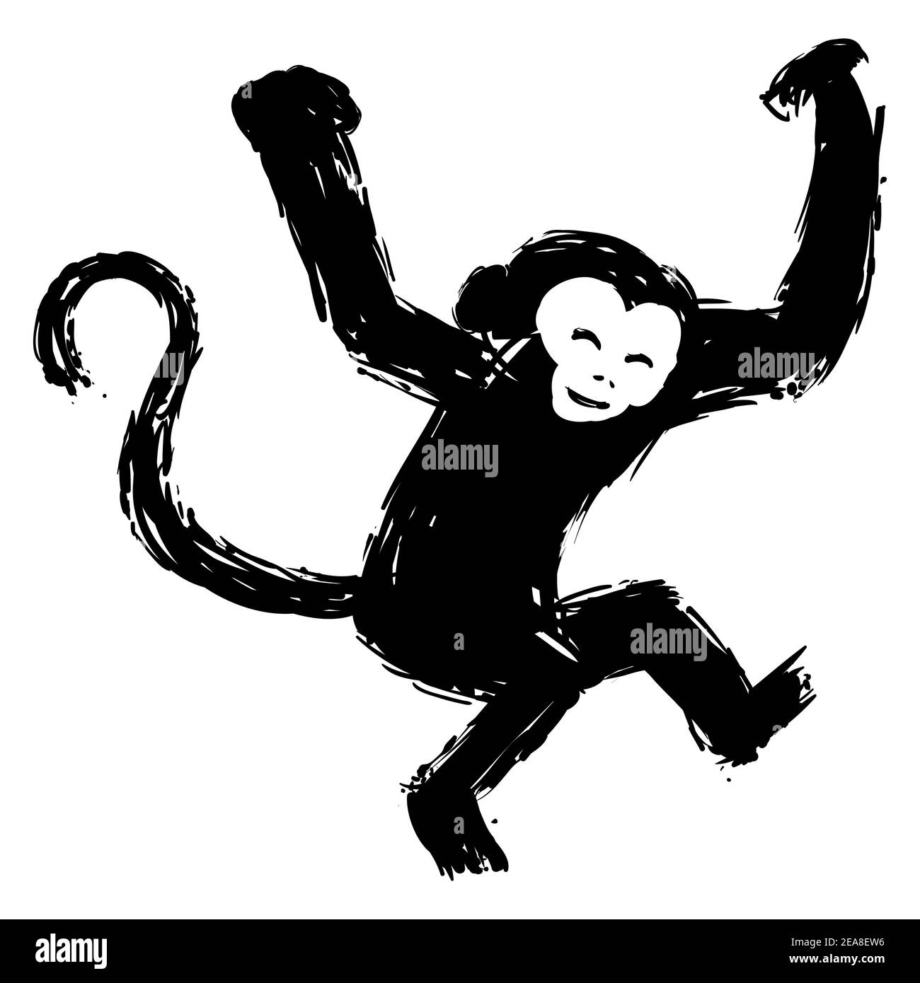 Hand drawn design with a monkey in hanging position in black brush ...