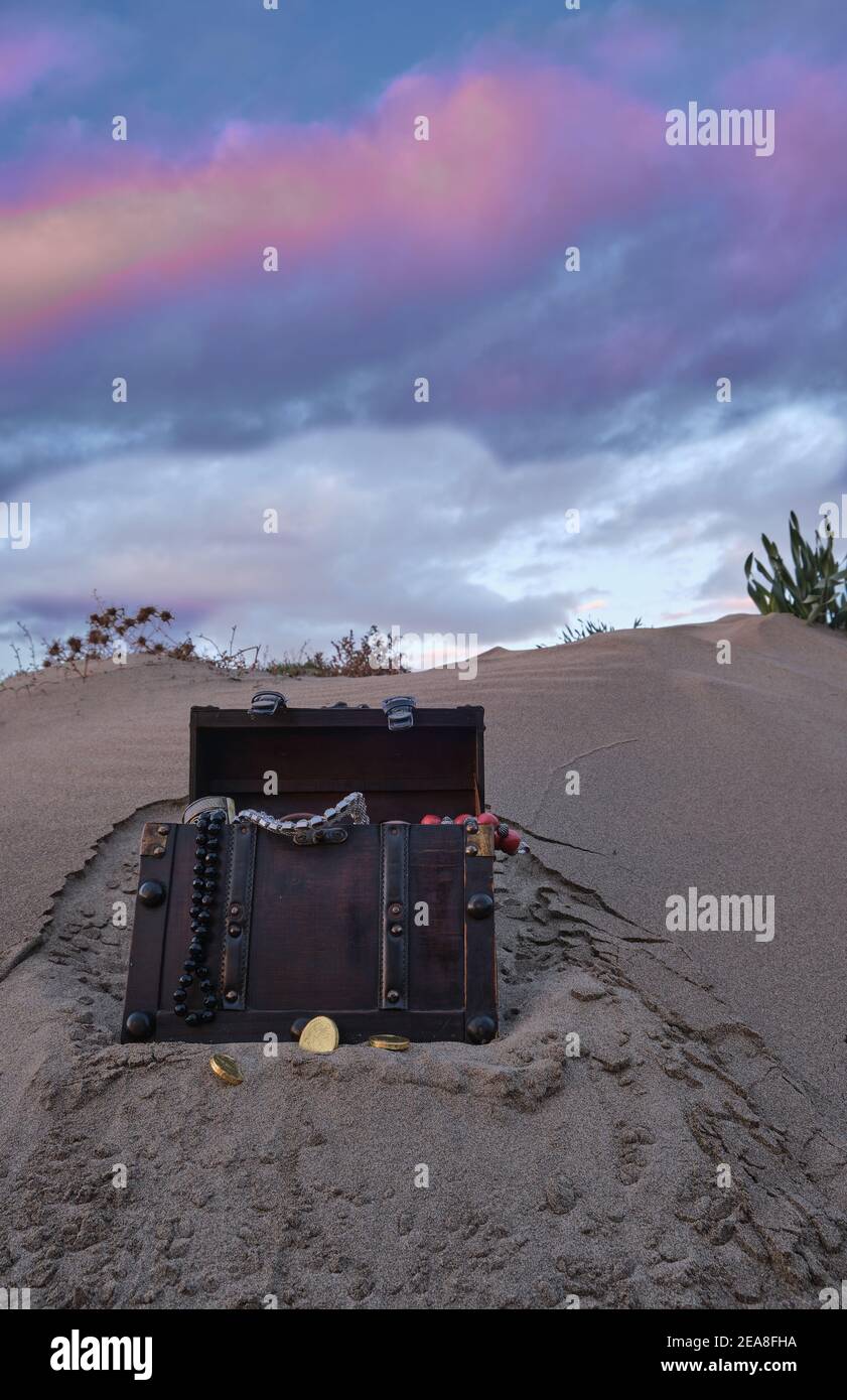 treasure chest at the beach in a sunrise, jewels and gold coins Stock ...
