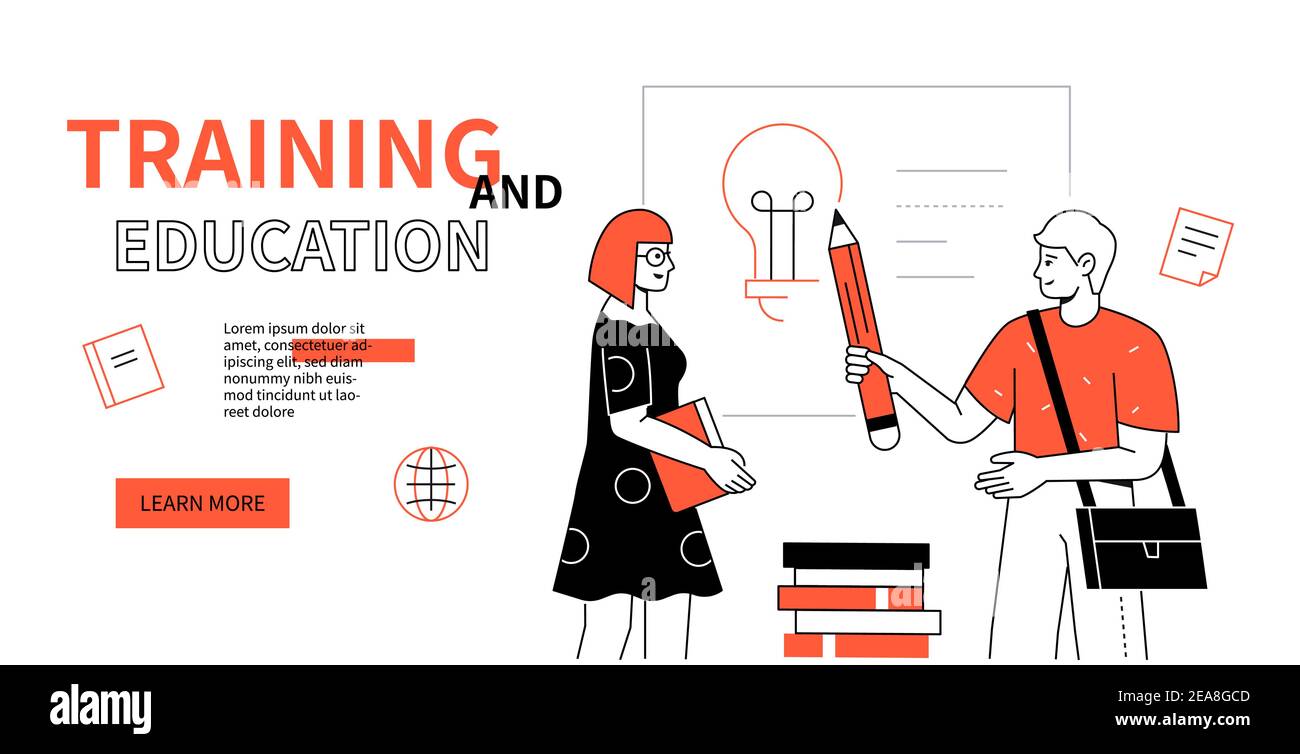 Training and education - line design style web banner on white ...