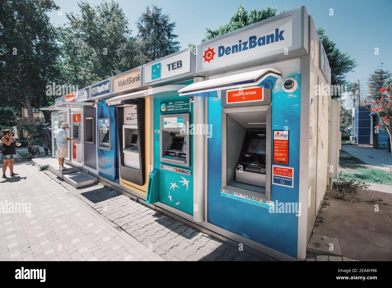 04 September 2020, Turkey, Antalya: ATMs of various banks are installed ...