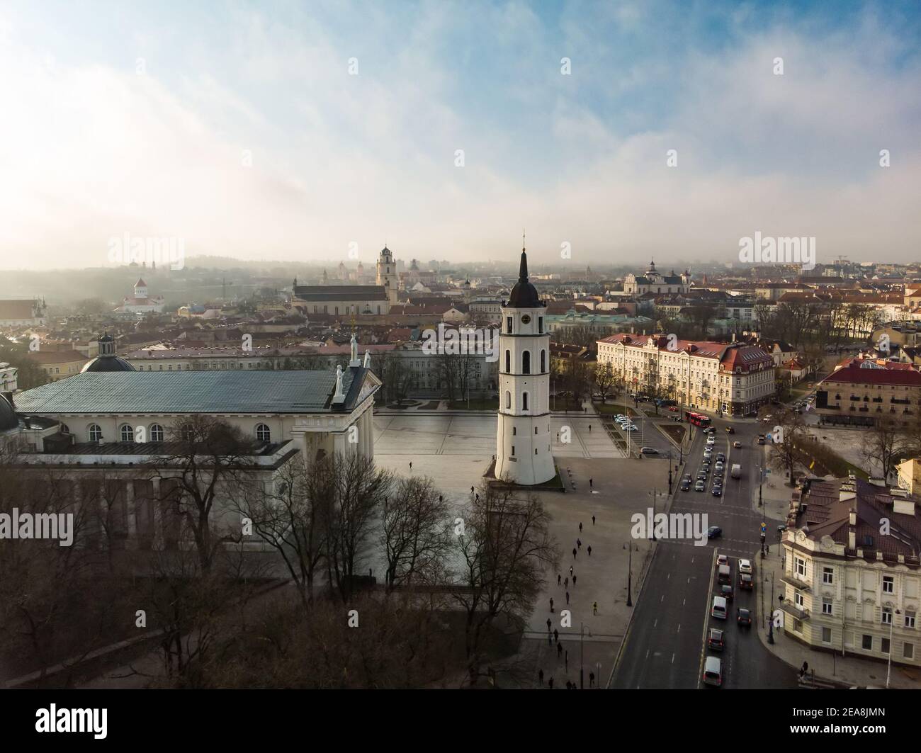 Beautiful sunny Vilnius city scene in winter. Aerial early morning view ...