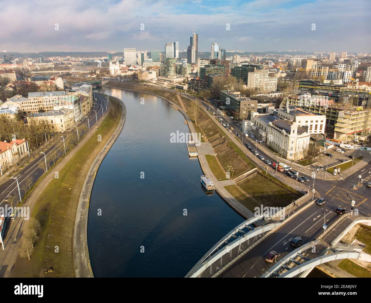 Beautiful sunny Vilnius city scene in winter. Aerial early morning view ...