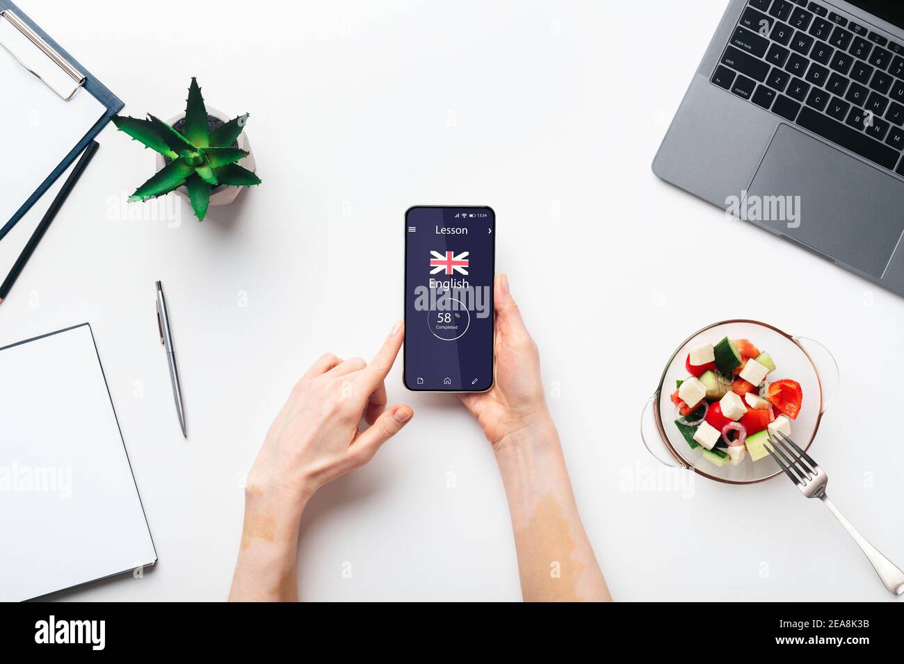 Woman Learning English Language Online In Mobile App On Smartphone ...