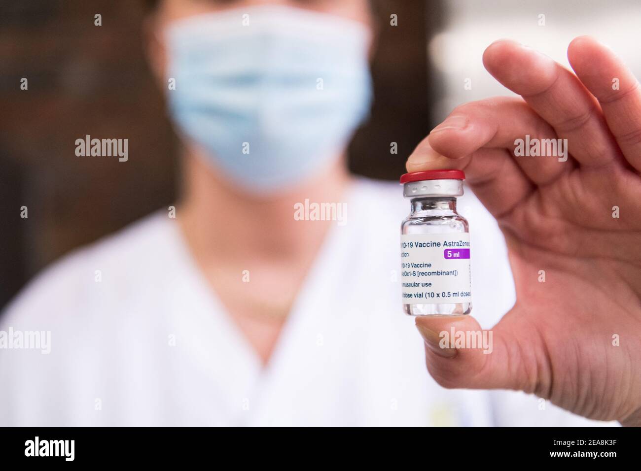 A bottle of the Astrazeneca vaccine against COVID19 at the vaccination ...