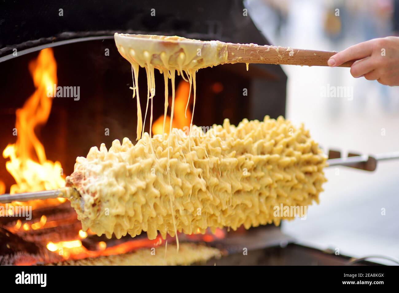 Traditional Lithuanian tree cake called sakotis baked at Kaziukas, an ...