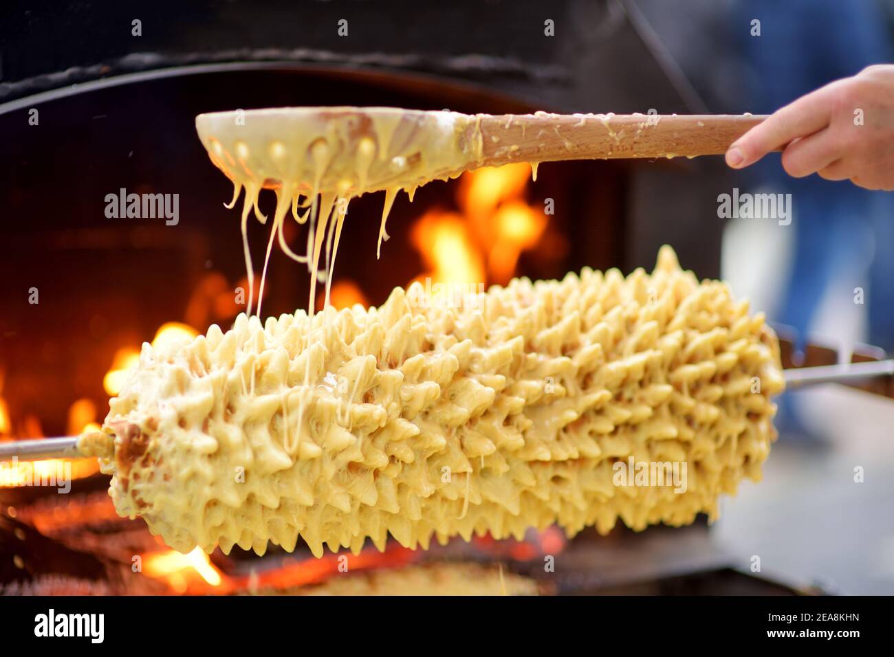 Traditional Lithuanian tree cake called sakotis baked at Kaziukas, an ...