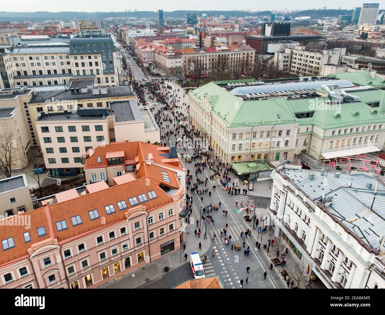 VILNIUS, LITHUANIA - FEBRUARY 16, 2020: Aerial view of people attending ...