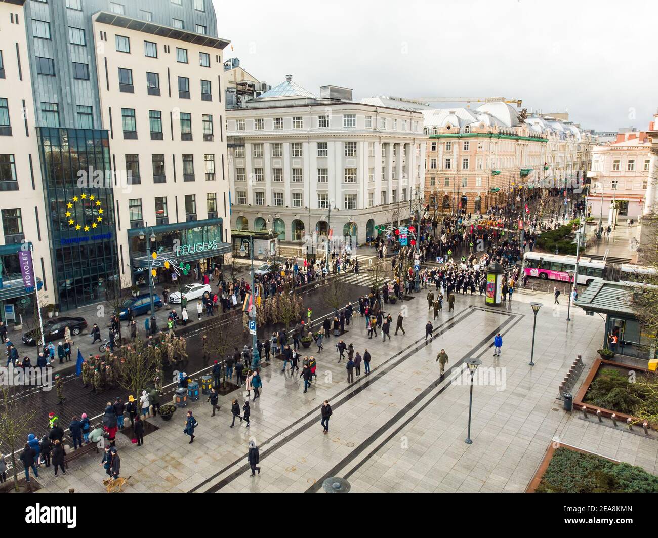 VILNIUS, LITHUANIA - MARCH 11, 2020: Aerial view of festive parade as ...