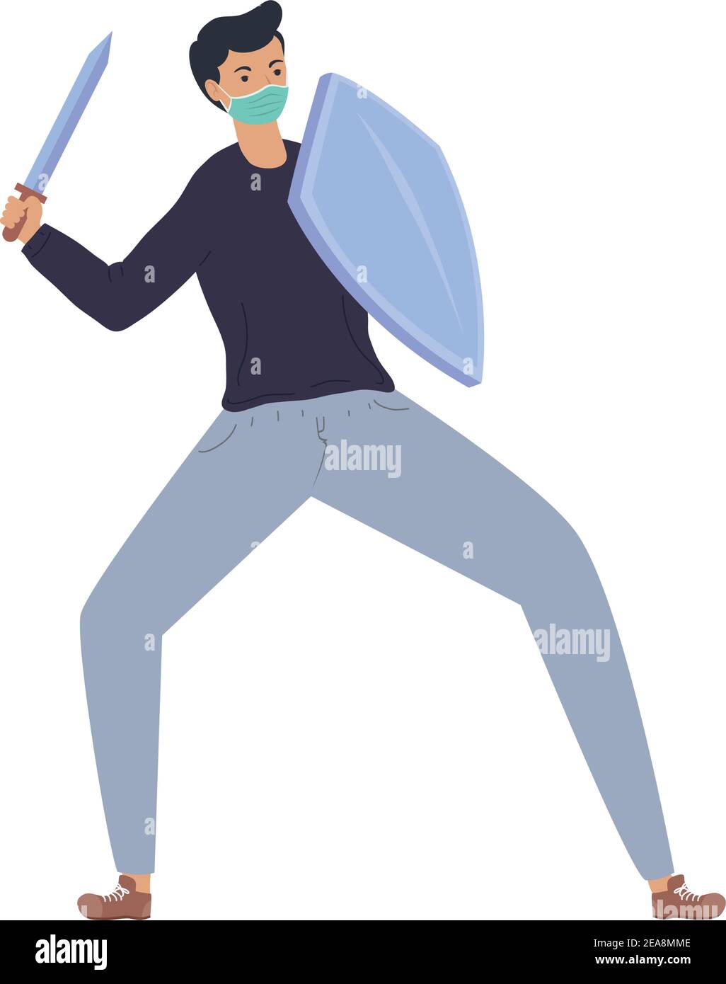 man with shield and sword fighting vs covid19 vector illustration ...
