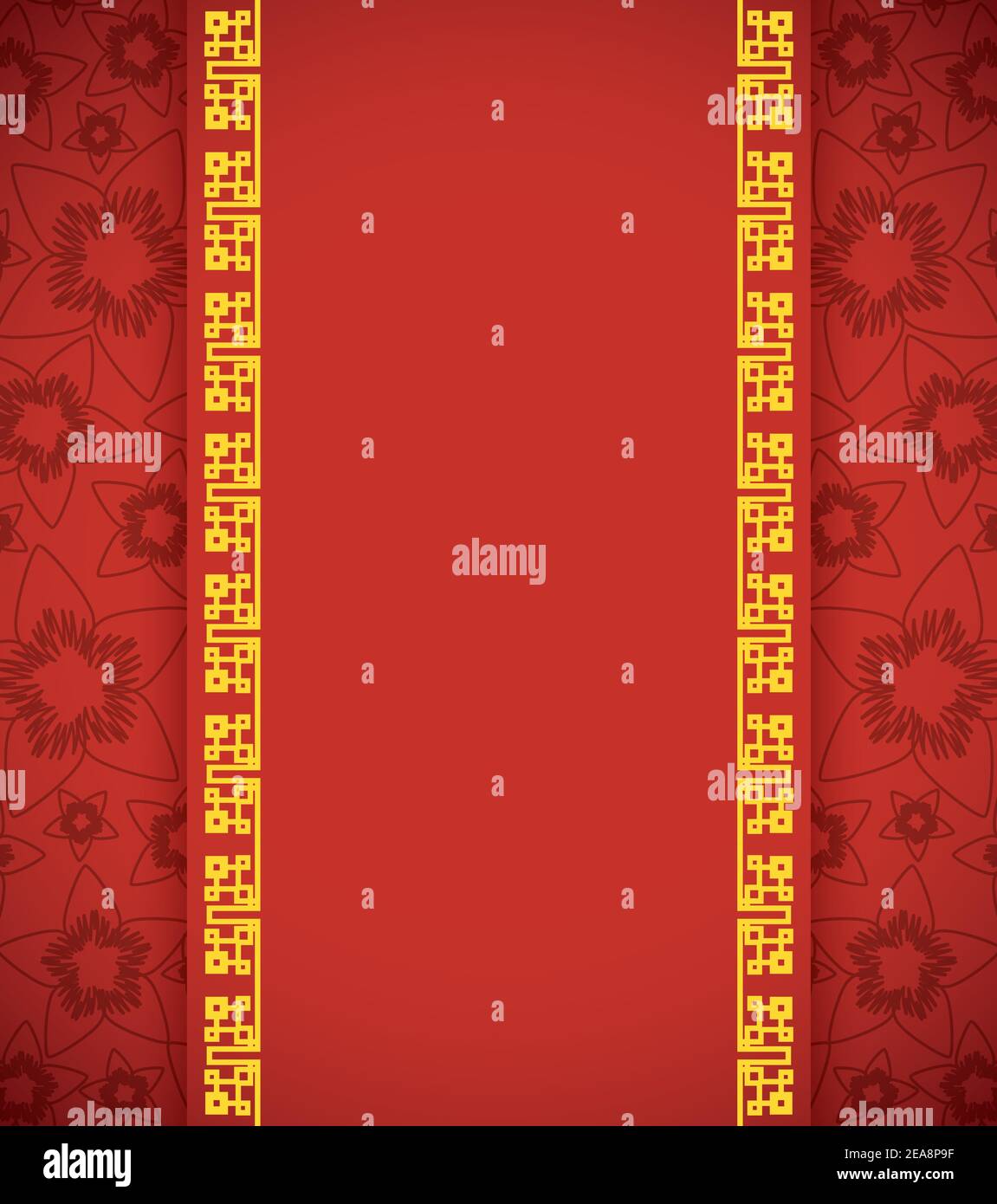 Red design with a vertical label decorated with Chinese patterns over ...