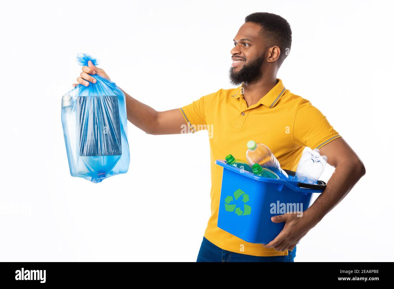 Guy Posing With Box Full Of Recycling Plastic, White Background Stock ...