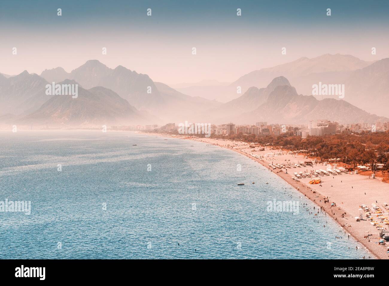 Aerial view of the famous longest Konyaalti beach in Antalya. Vacation ...
