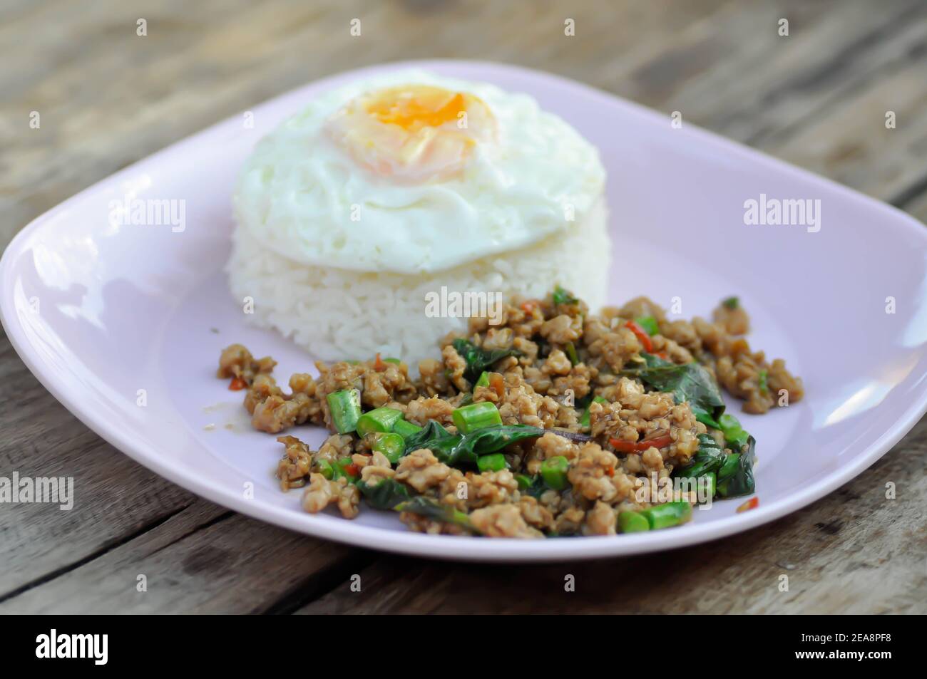 stir fried pork with holy basil and cow pea, fried egg and rice dish ...