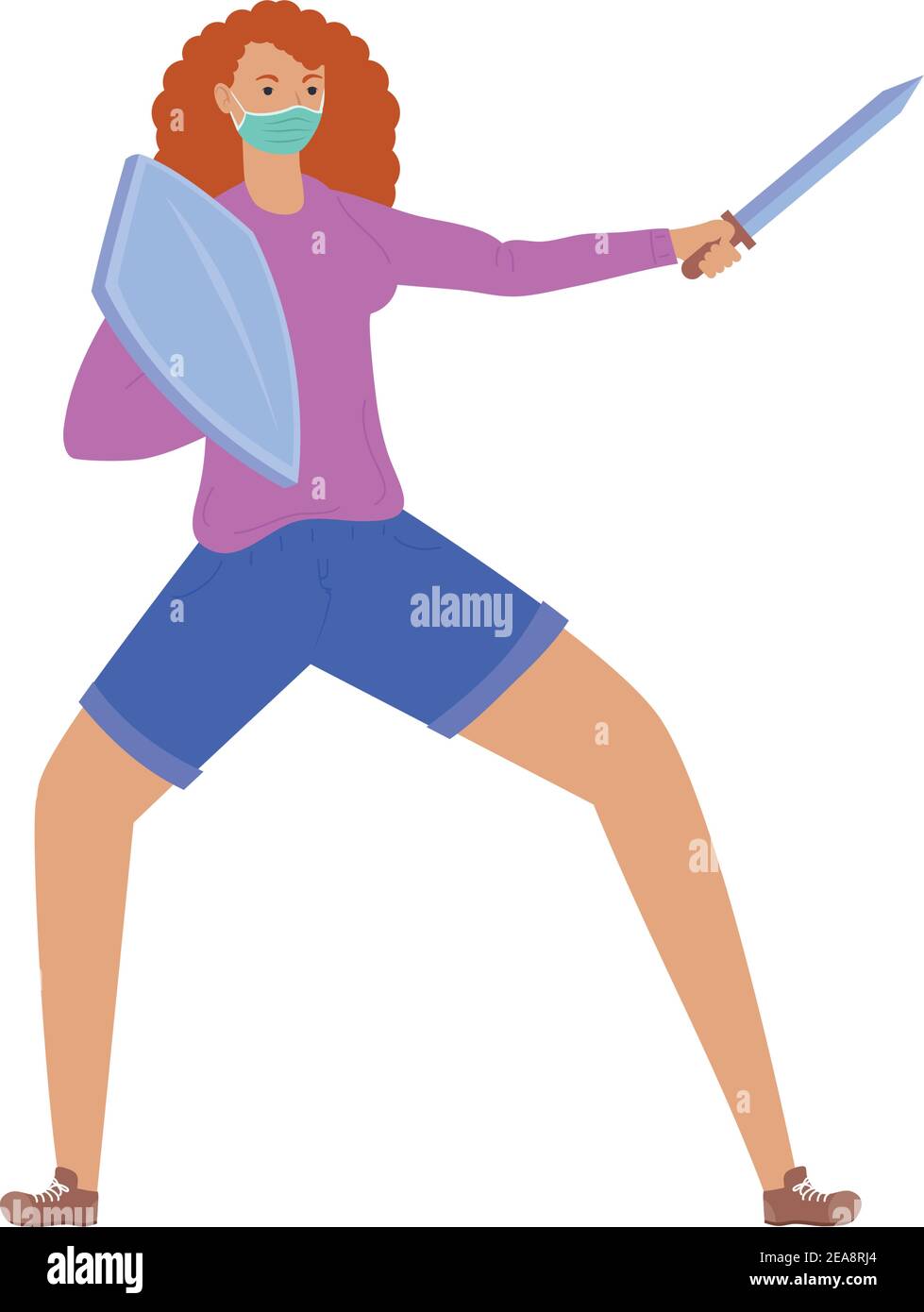 woman with sword and shield fighting vs covid19 vector illustration ...