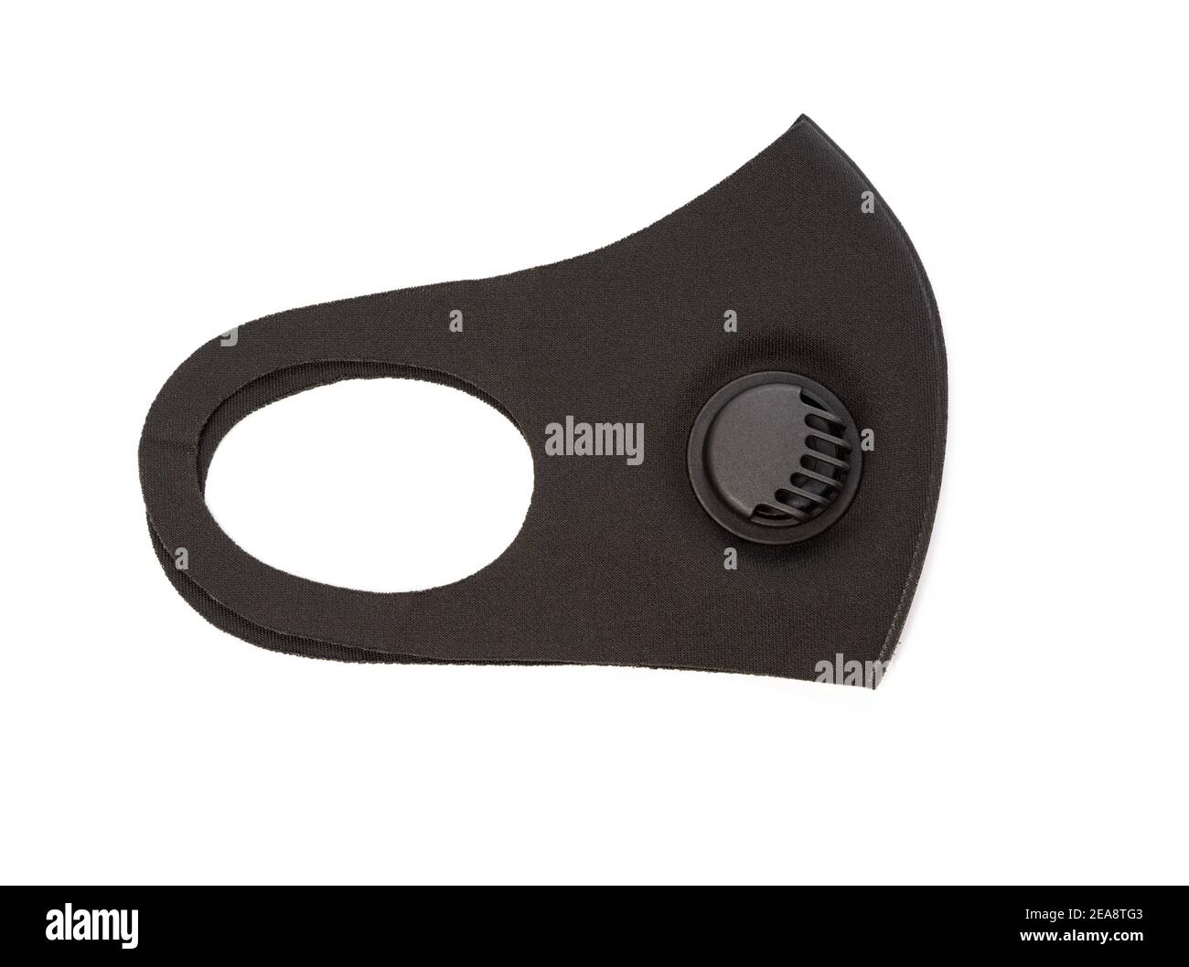 black textile protective mask with plastic face valve isolated on white ...