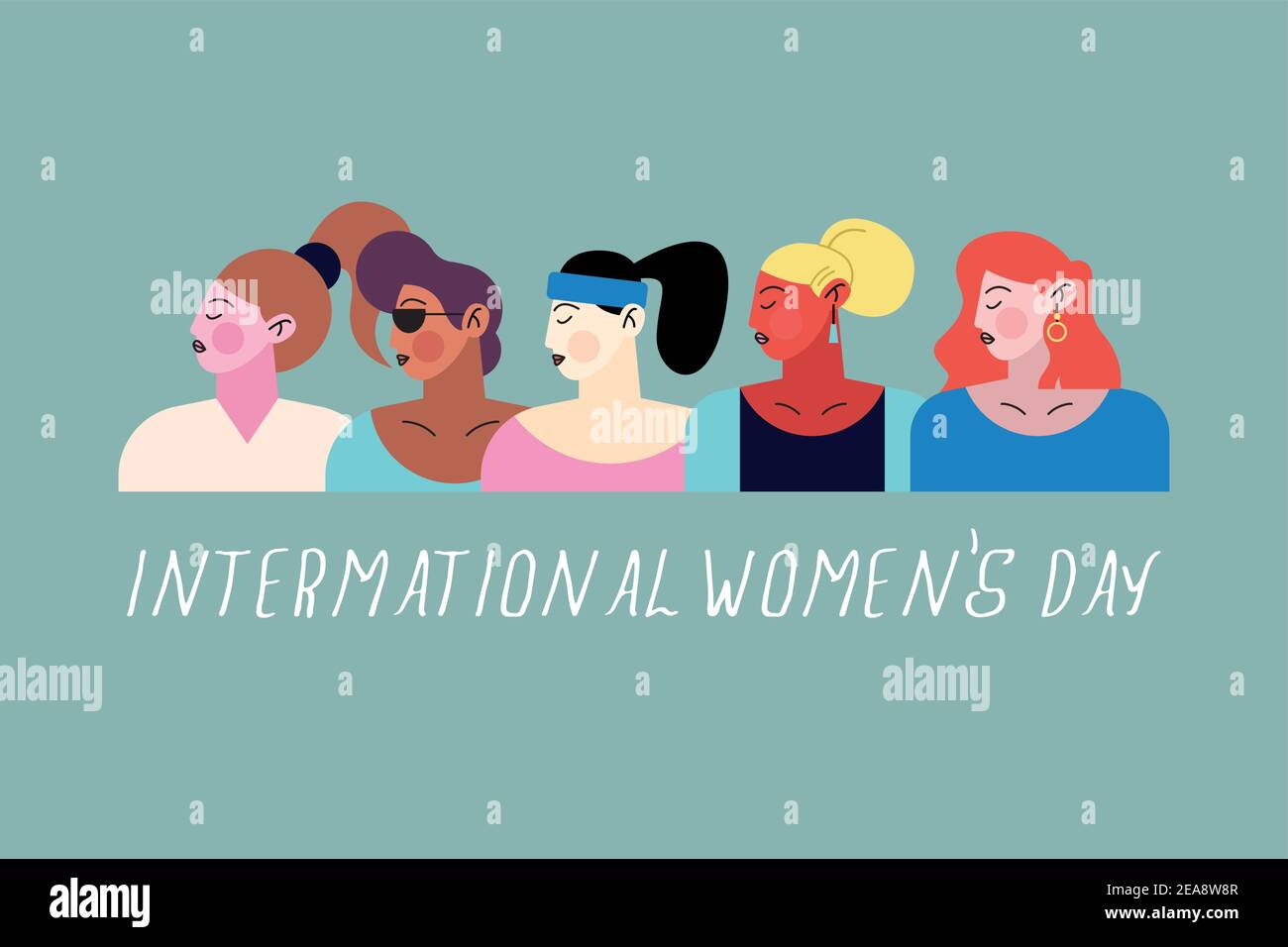 happy womens day lettering with group of five girls characters vector ...