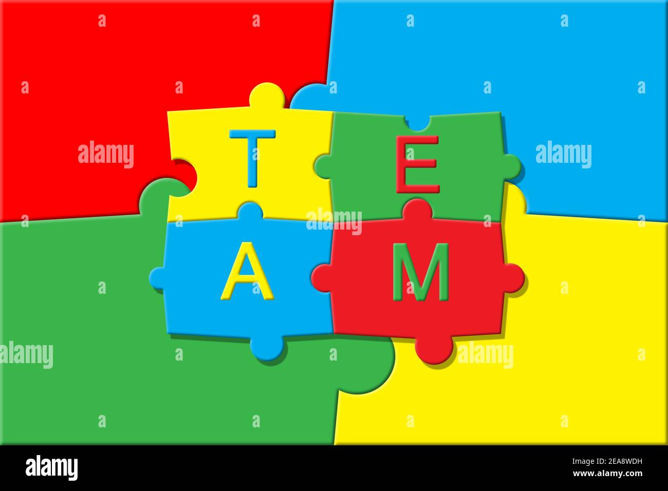 Illustration of a jigsaw puzzle joined together in red, blue, yellow ...