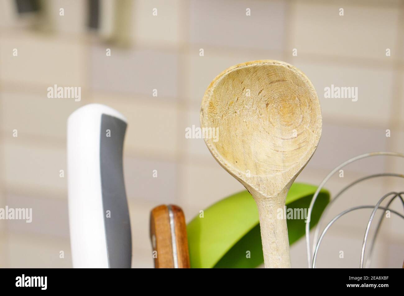 Closeup shot of a wooden knife handle in a kitchen Stock Photo - Alamy