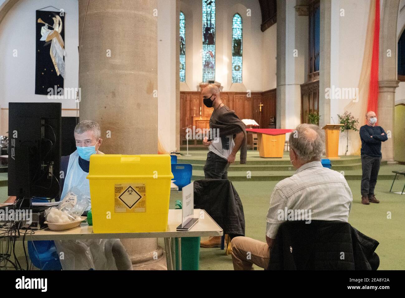 London, UK. 8th Feb, 2021. A covid-19 vaccination centre in St JohnÕs ...