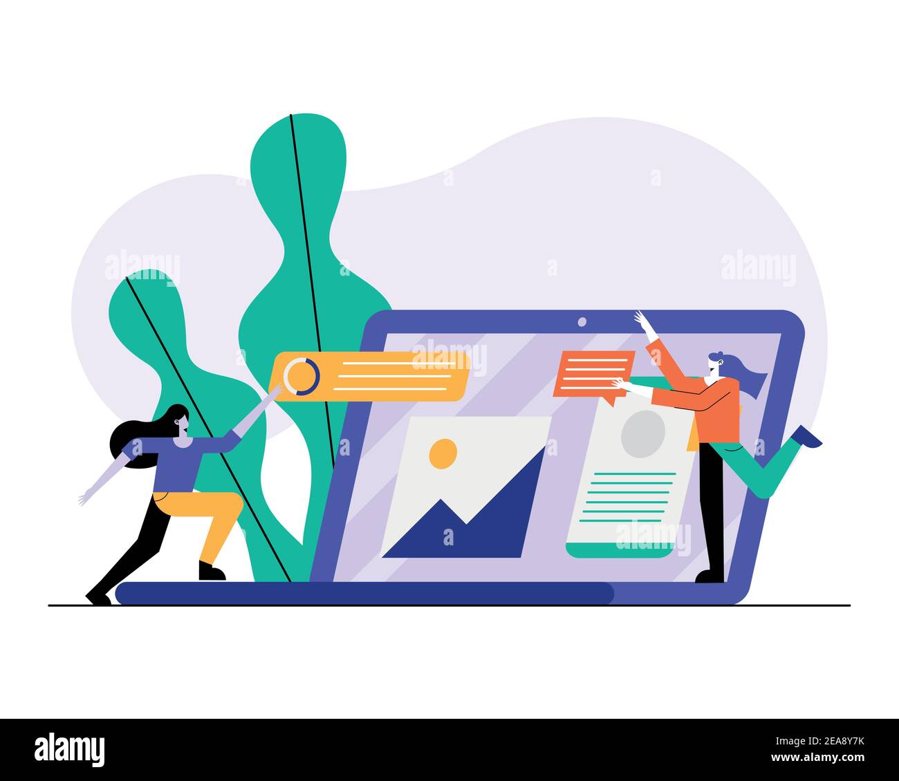 young girls using laptop technology characters vector illustration ...