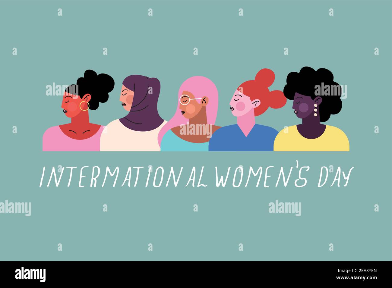 happy womens day lettering with group of five ladies characters vector ...
