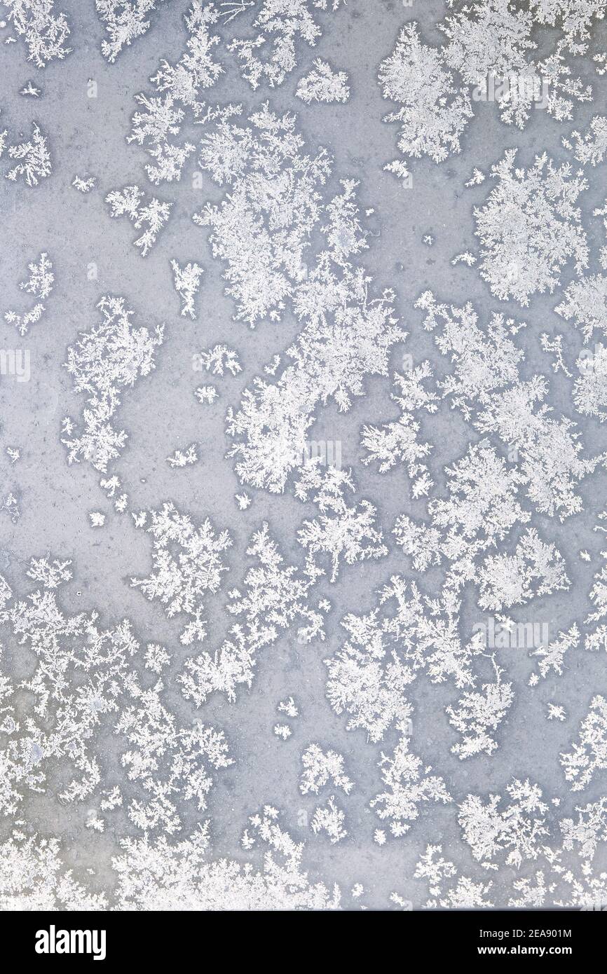 White melting frost on the frozen window glass in the cold winter day ...