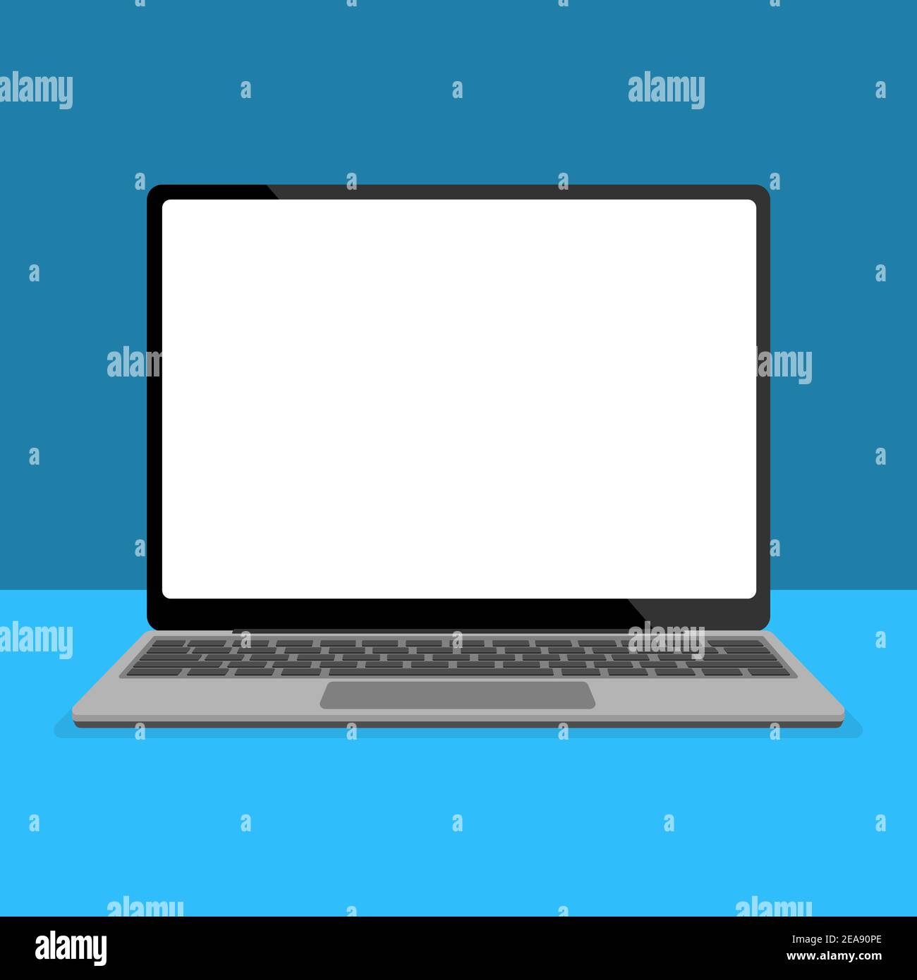 front view of laptop computer with copy space on screen against blue ...