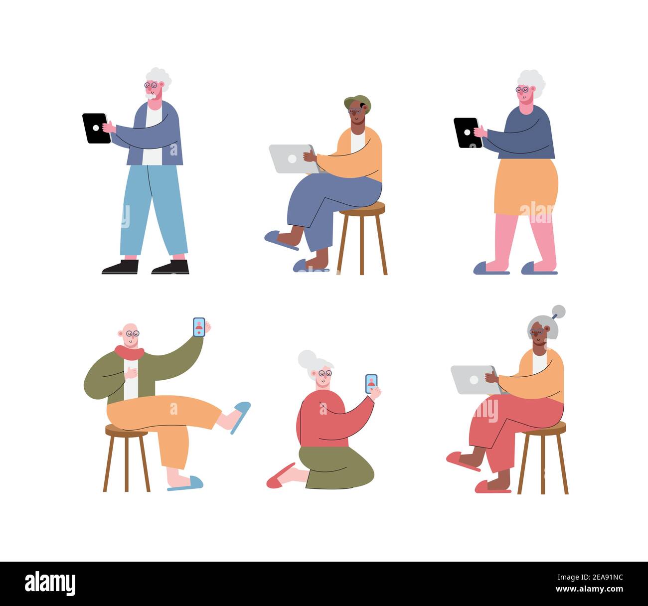 interracial old people using technology characters vector illustration ...