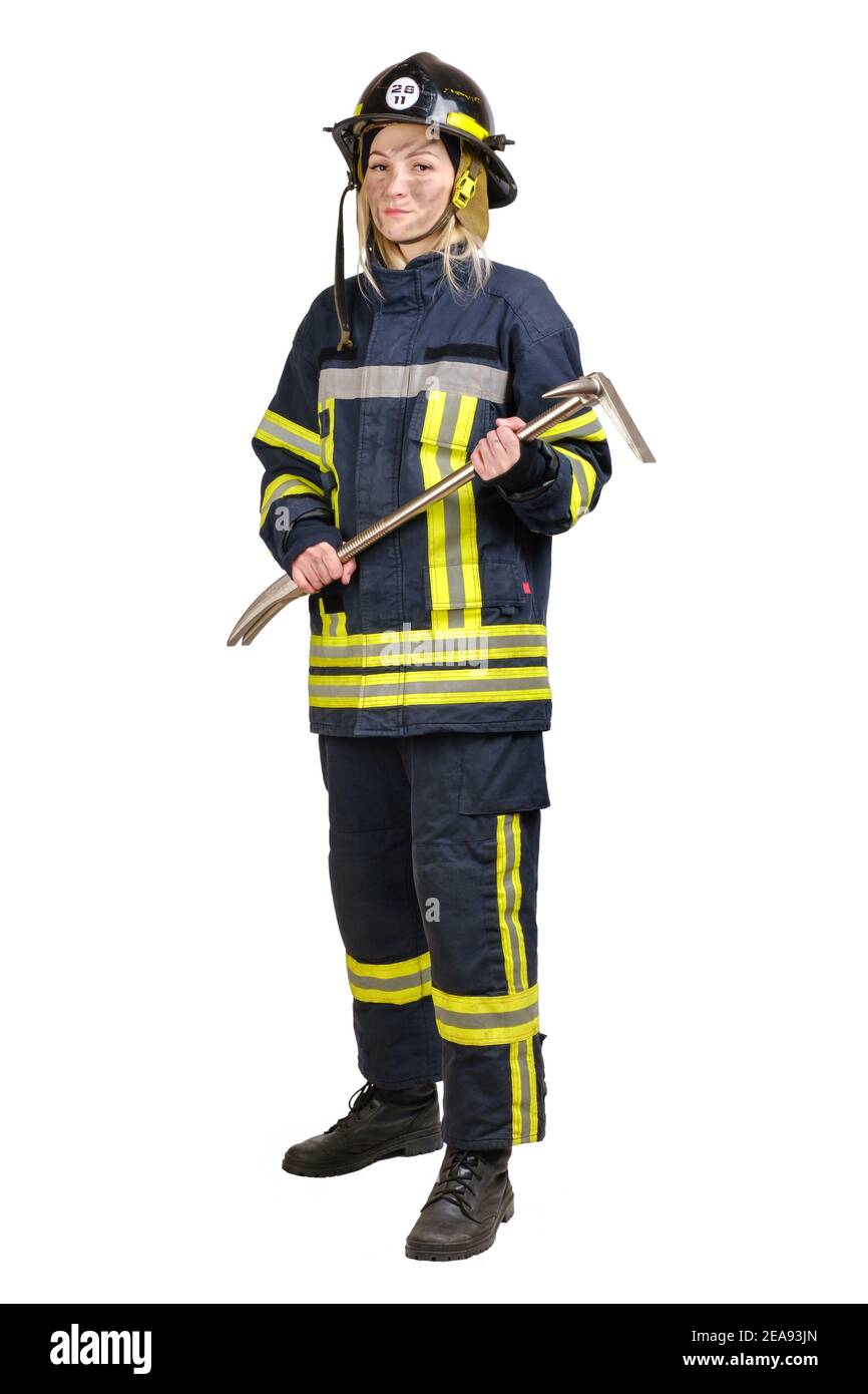 Young woman in uniform of firefighter with crowbar in hands Stock Photo ...