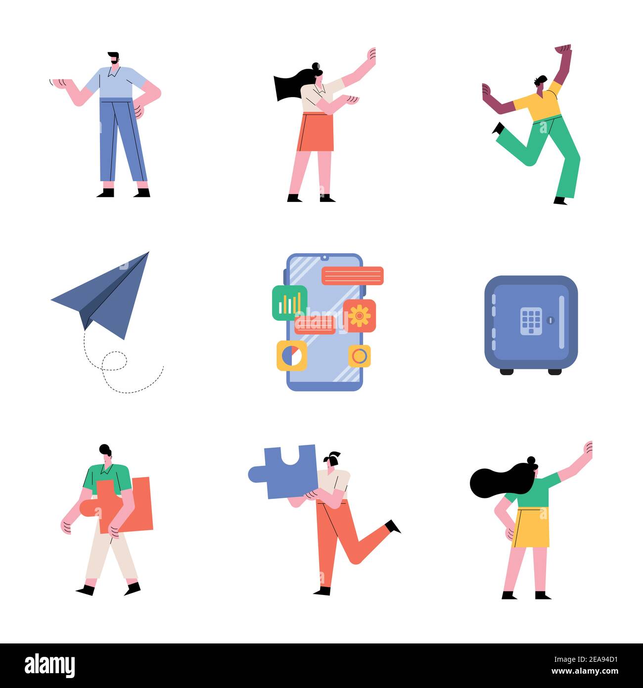 group of people teamwork six workers characters and set icons vector ...