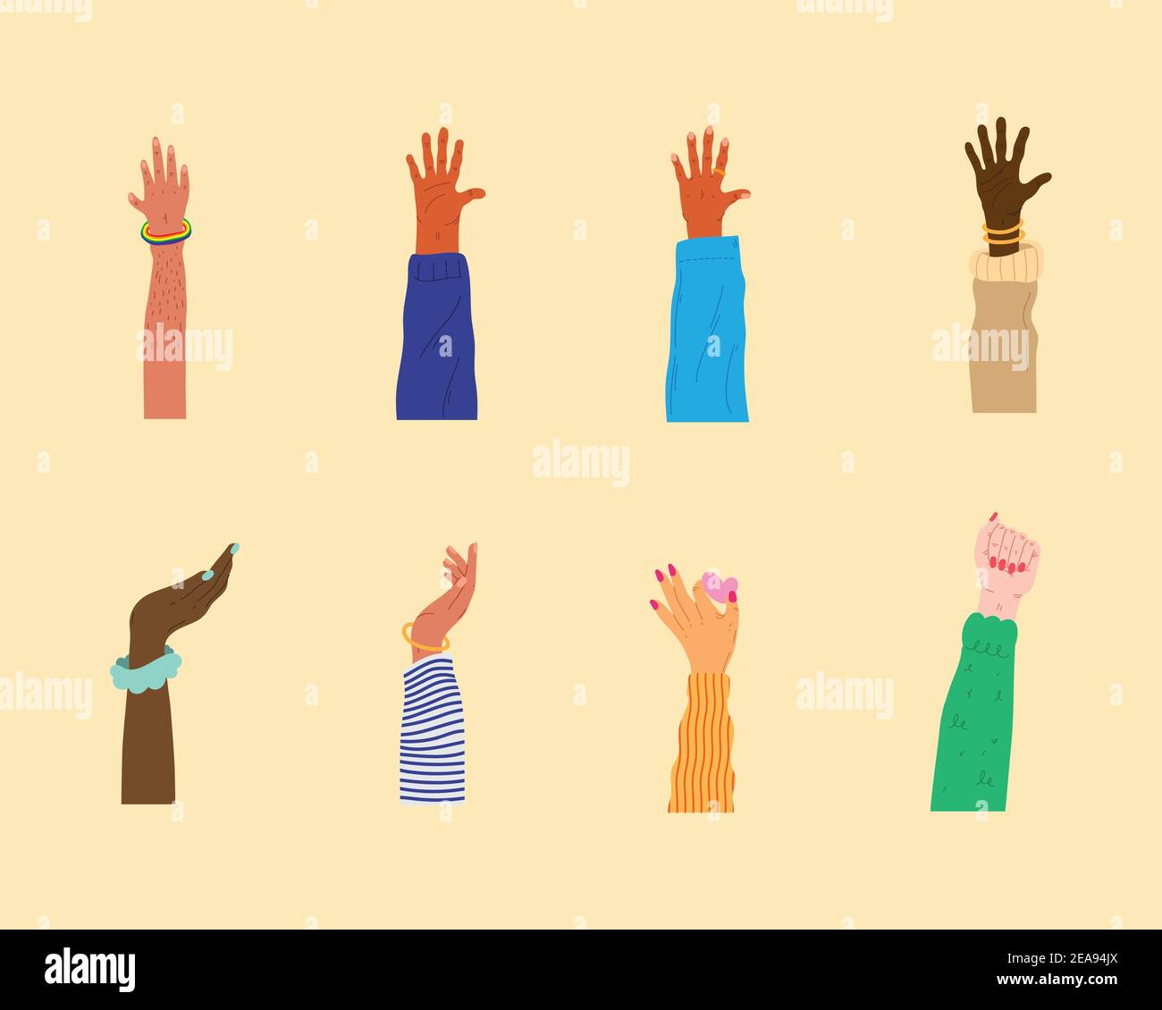 bundle of eight diversity hands humans up vector illustration design ...