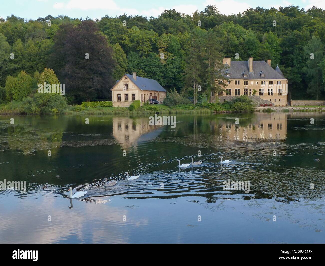 mansion at lake in Orval, Belgium Stock Photo - Alamy