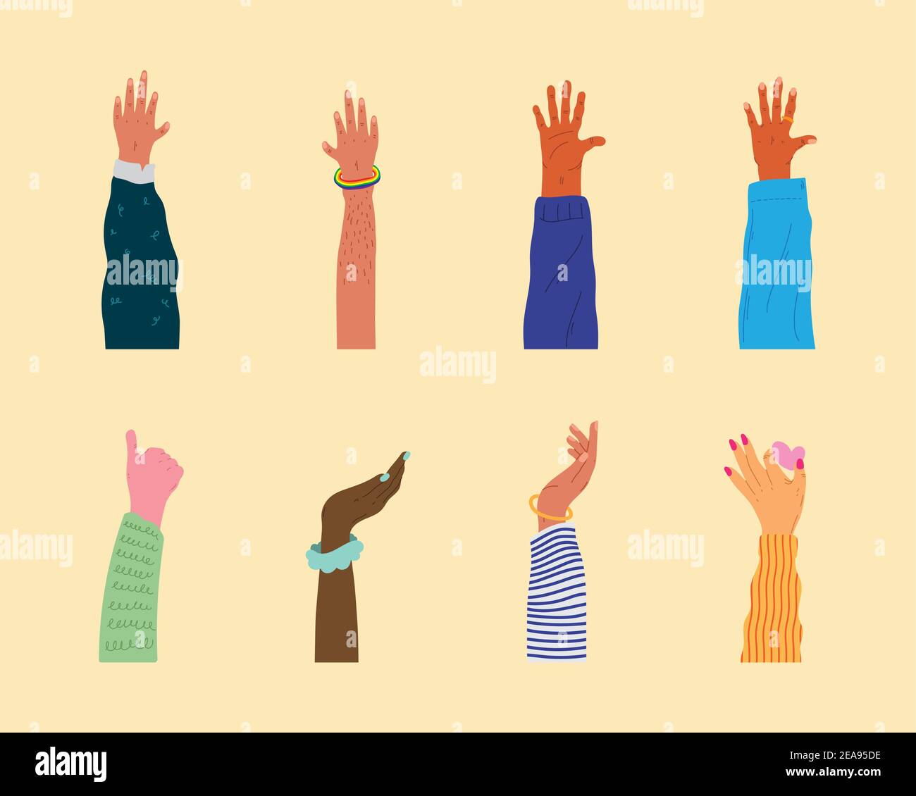 bundle of eight people diversity hands humans up vector illustration ...