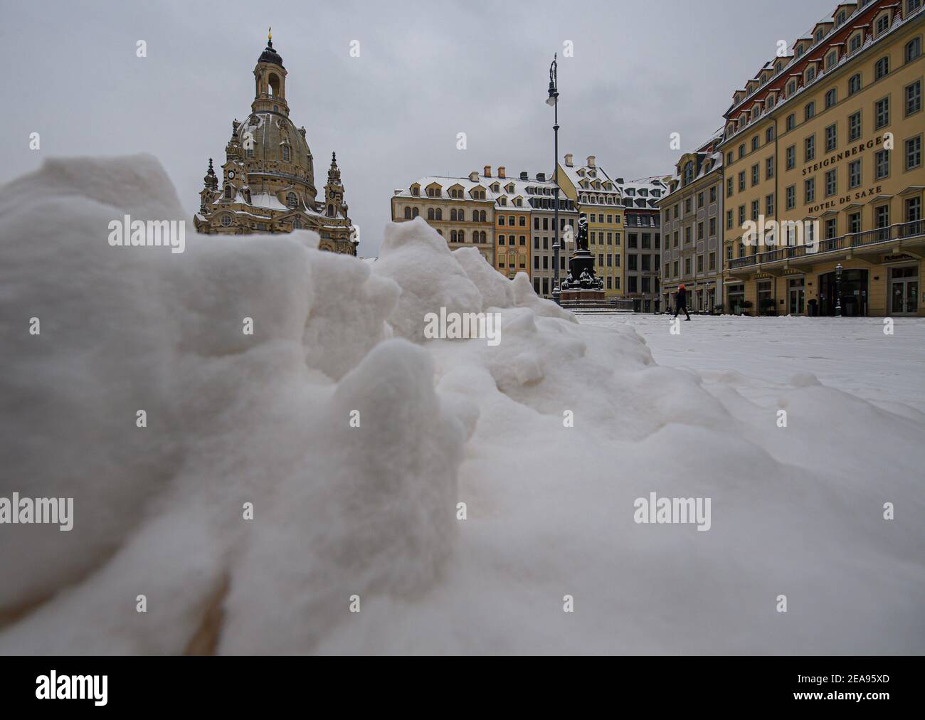 Dresden, Germany. 07th Feb, 2021. A pile of snow lies on the snowy ...