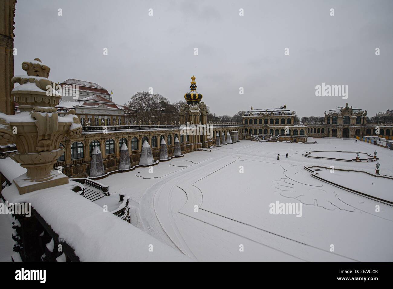 Dresden, Germany. 07th Feb, 2021. Snow at the Zwinger and Crown Gate (l ...