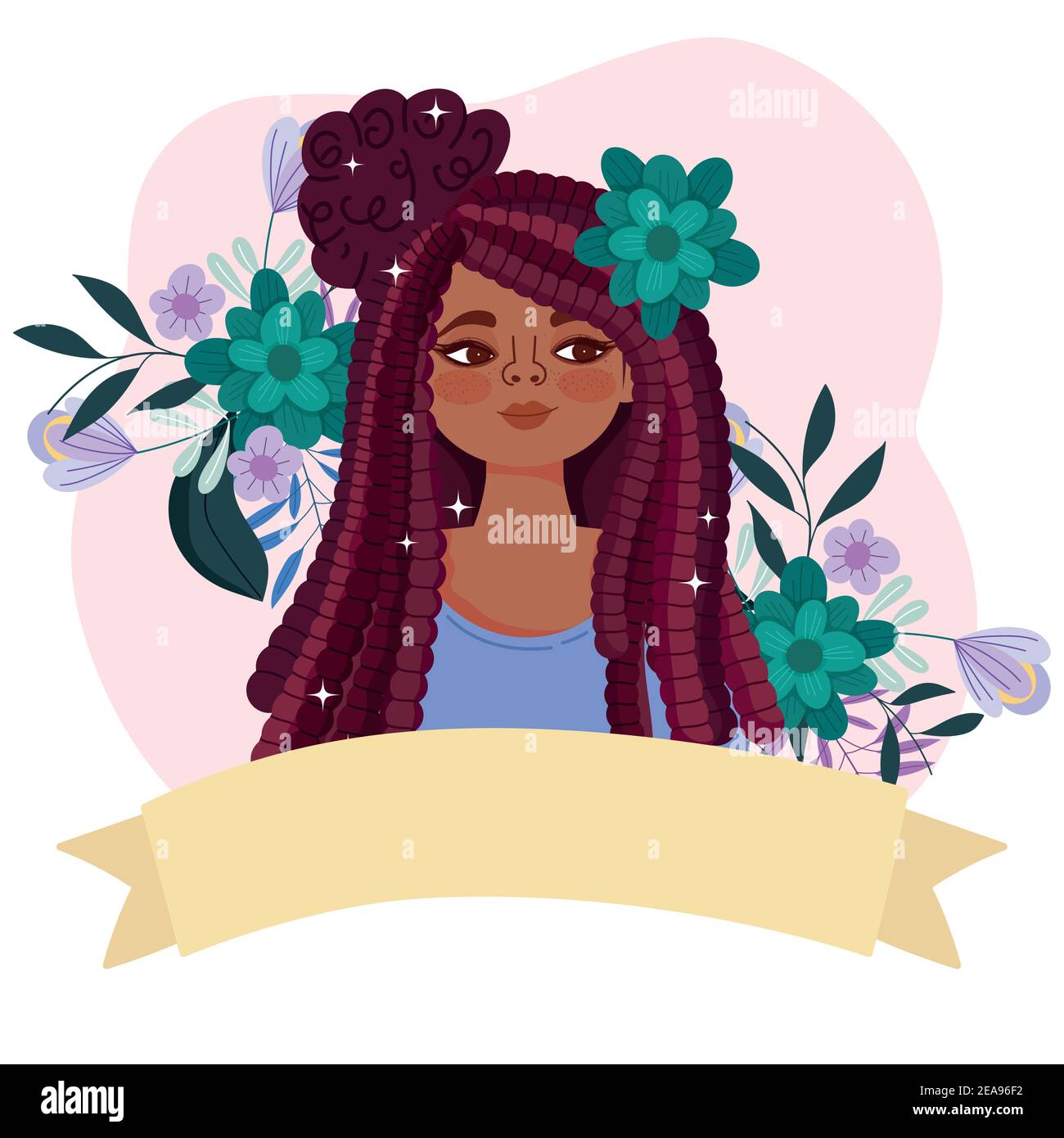 cute afro american girl with hair rasta and flowers vector illustration ...